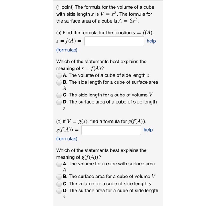 Solved (1 point) The formula for the volume of a cube with | Chegg.com