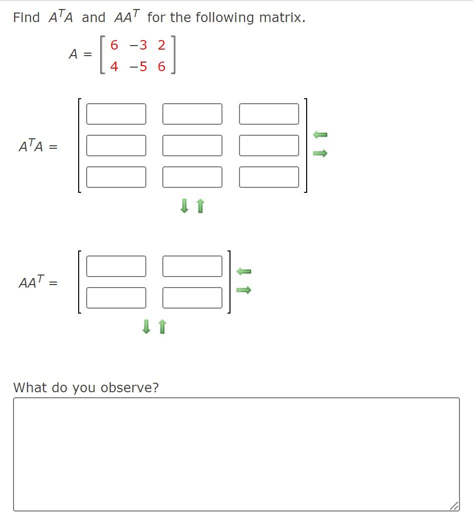 Solved Find ATA and AAT for the following matrix. | Chegg.com