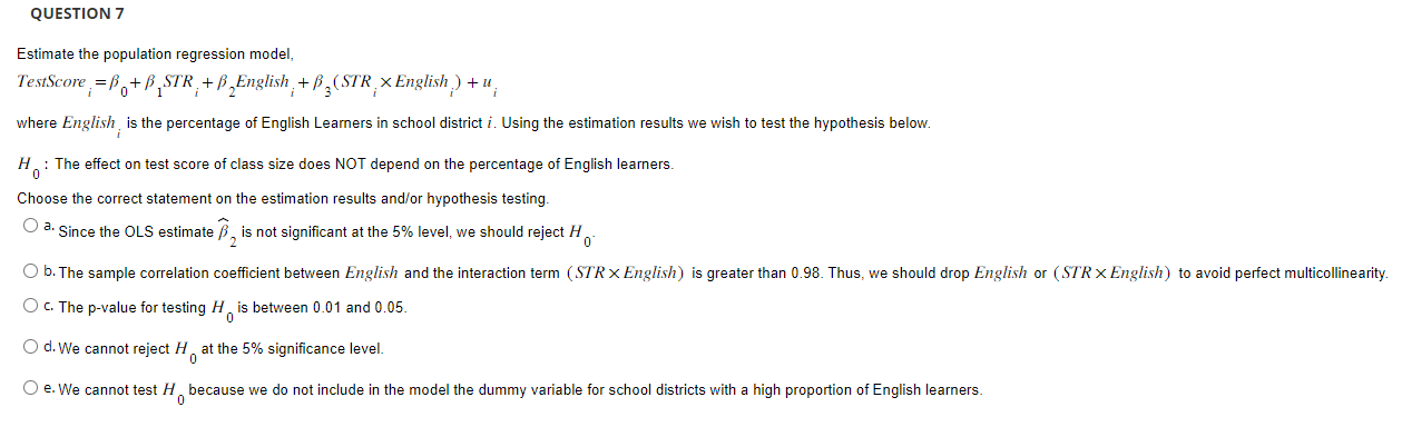 Solved Estimate The Population Regression Model Testscore 7347