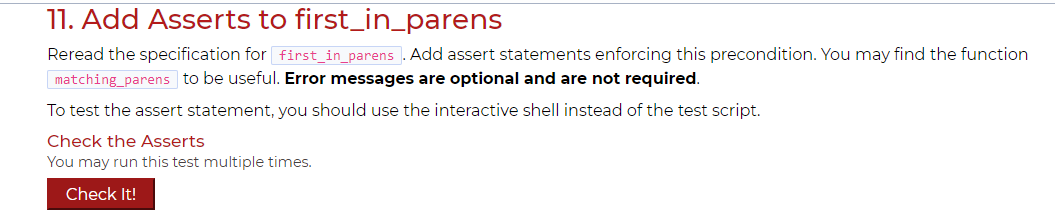 Solved 11. Add Asserts to first_in_parens Reread the | Chegg.com