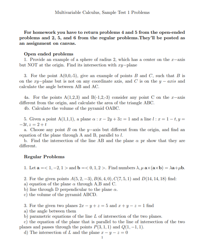 Multivariable Calculus, Sample Test 1 Problems For | Chegg.com