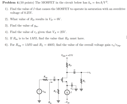 Solved Problem 4.(10 points) The MOSFET in the circuit below | Chegg.com