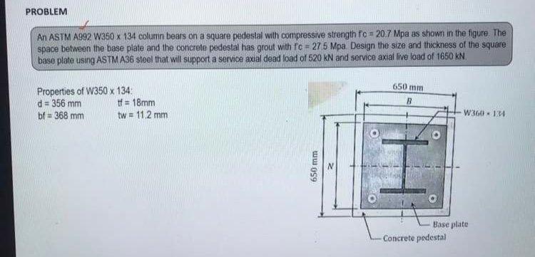 Solved An ASIM A992 W350 x 134 columin bears on a square | Chegg.com