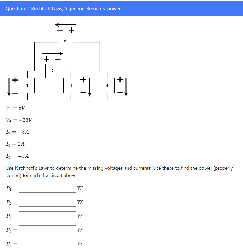 Solved Question 2: Kirchhoff Laws, 5 generic elements, power | Chegg.com