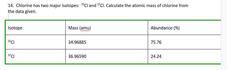 Solved 14. Chlorine has two major isotopes: 35Cl and "Cl. | Chegg.com