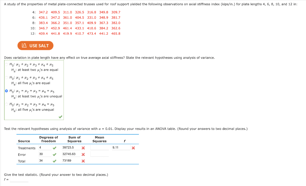 Solved Summarize the results in an ANOVA table. (Round your | Chegg.com