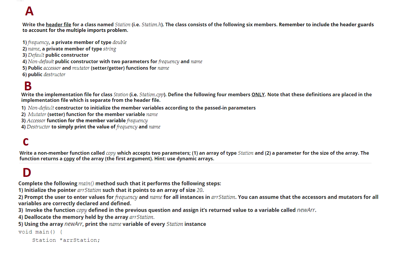 Solved Write the header file for a class named Station (i.e. | Chegg.com