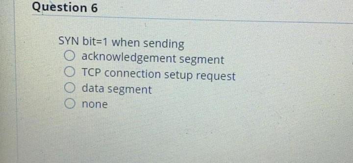Solved Question 6 SYN bit=1 when sending O acknowledgement | Chegg.com