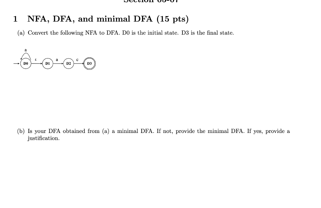 Solved 1 NFA, DFA, and minimal DFA (15 pts) (a) Convert the | Chegg.com