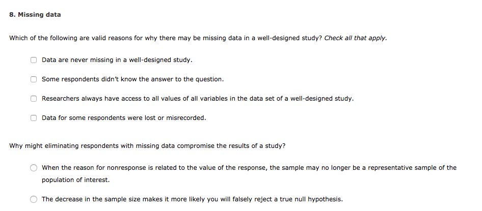 Solved 8. Missing data Which of the following are valid | Chegg.com