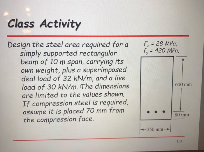 Solved Class Activity fc - 28 MPa, fy = 420 MPa. Design the | Chegg.com