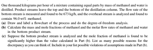 Solved One thousand kilograms per hour of a mixture | Chegg.com