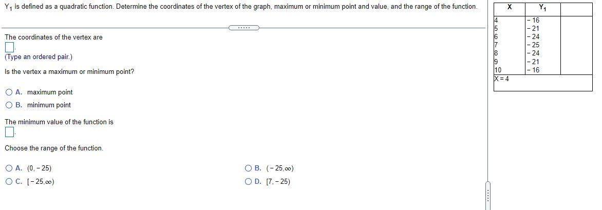 Solved Y, is defined as a quadratic function. Determine the | Chegg.com