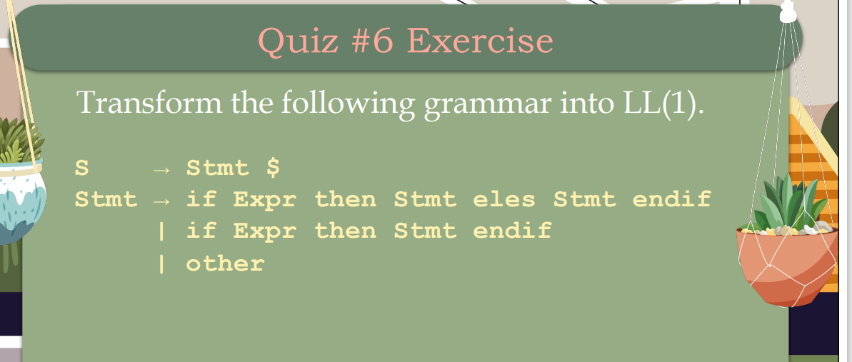 Solved Quiz #6 Exercise Transform the following grammar into | Chegg.com