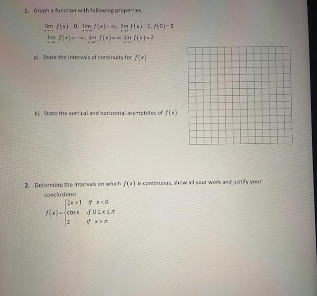 Solved 1. Graph a function with following properties. lim | Chegg.com