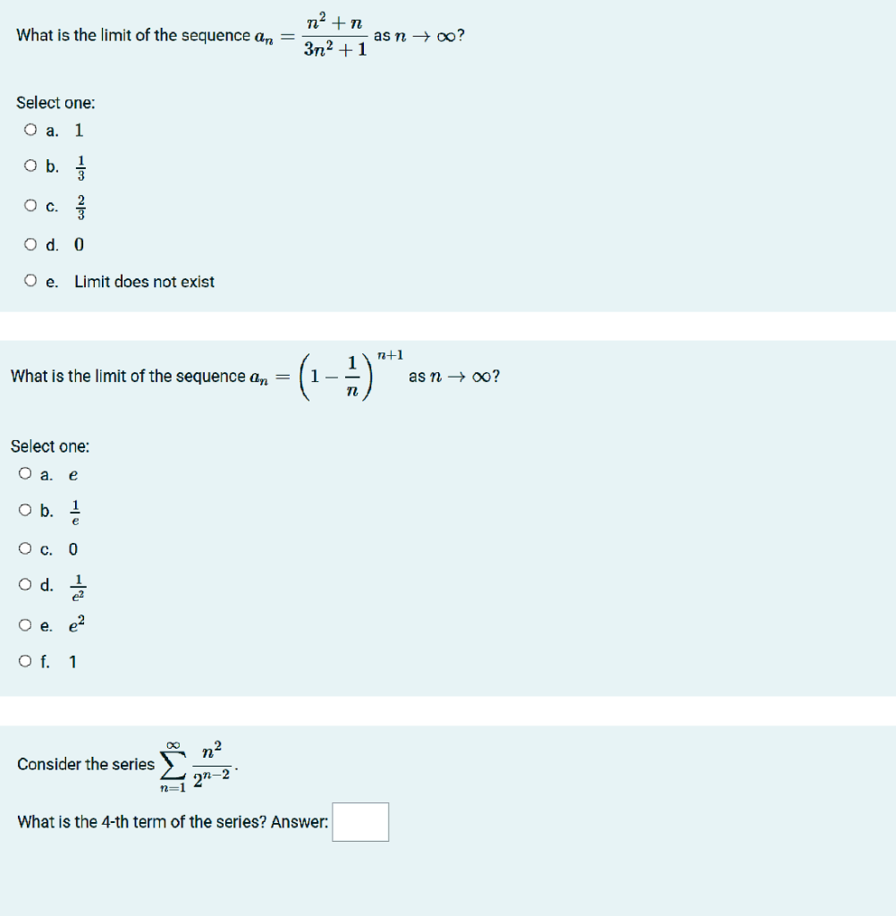 Solved What is the limit of the sequence ara n2 +12 3n2 +1 | Chegg.com