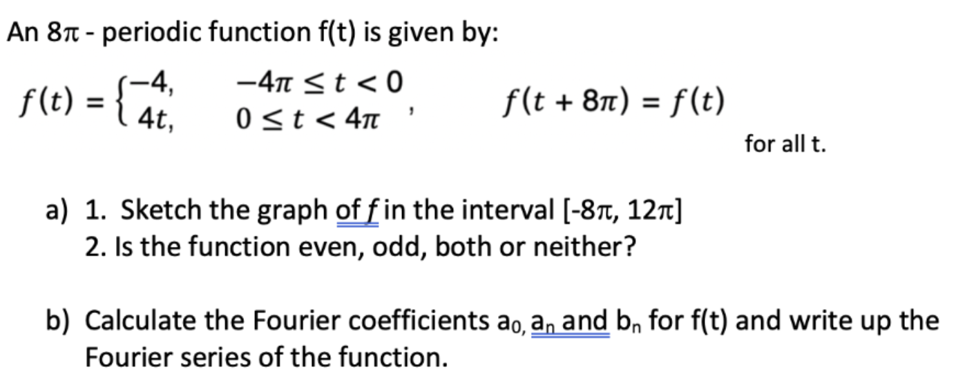 Solved An 8π - periodic function f(t) is given by: | Chegg.com