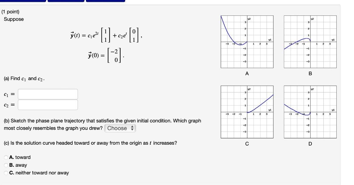 Solved (1 point) Suppose y(t)=c1e2t[11]+c2et[01]y(0)=[−20] | Chegg.com