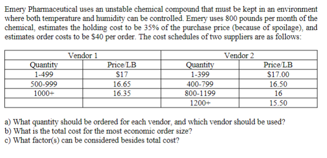 Solved Emery Pharmaceutical uses an unstable chemical | Chegg.com
