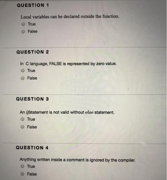 Solved QUESTION 1 Local variables can be declared outside | Chegg.com