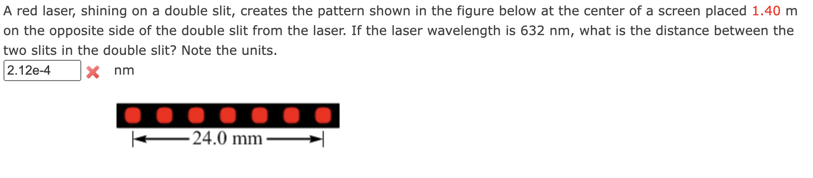 Solved A red laser, shining on a double slit, creates the | Chegg.com