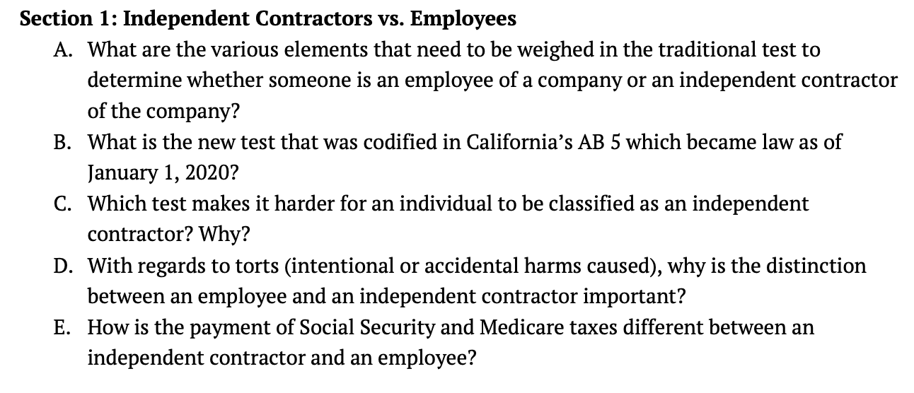 Solved Section 1: Independent Contractors vs. Employees A. | Chegg.com