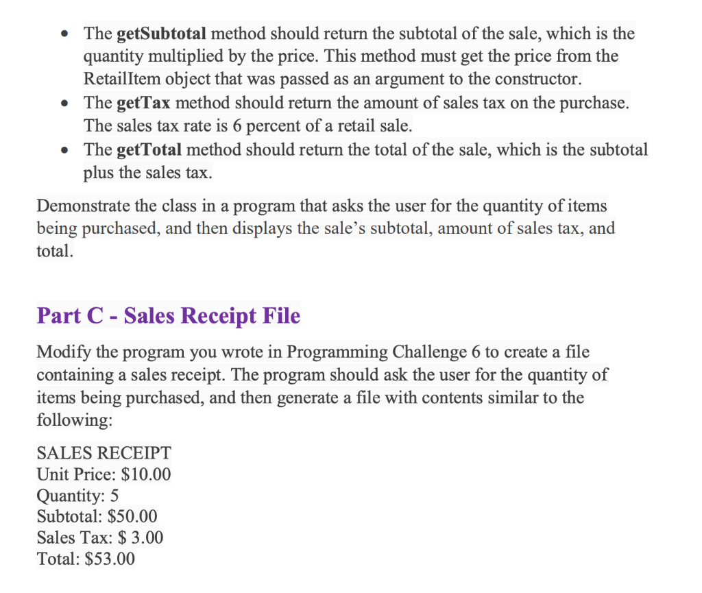 Solved . . Part A - RetailItem Class Write a class named | Chegg.com