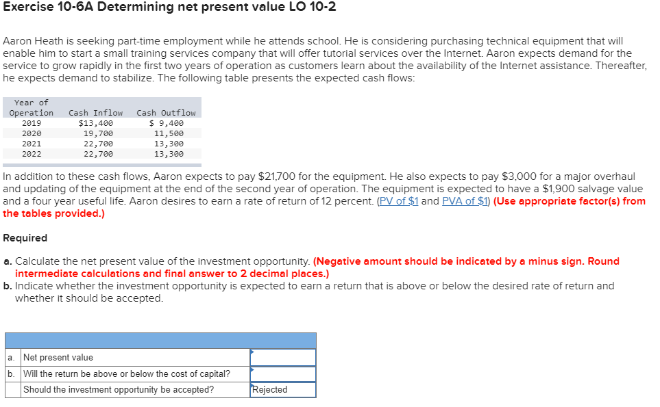 Solved Exercise 10-6A Determining net present value LO 10-2 | Chegg.com