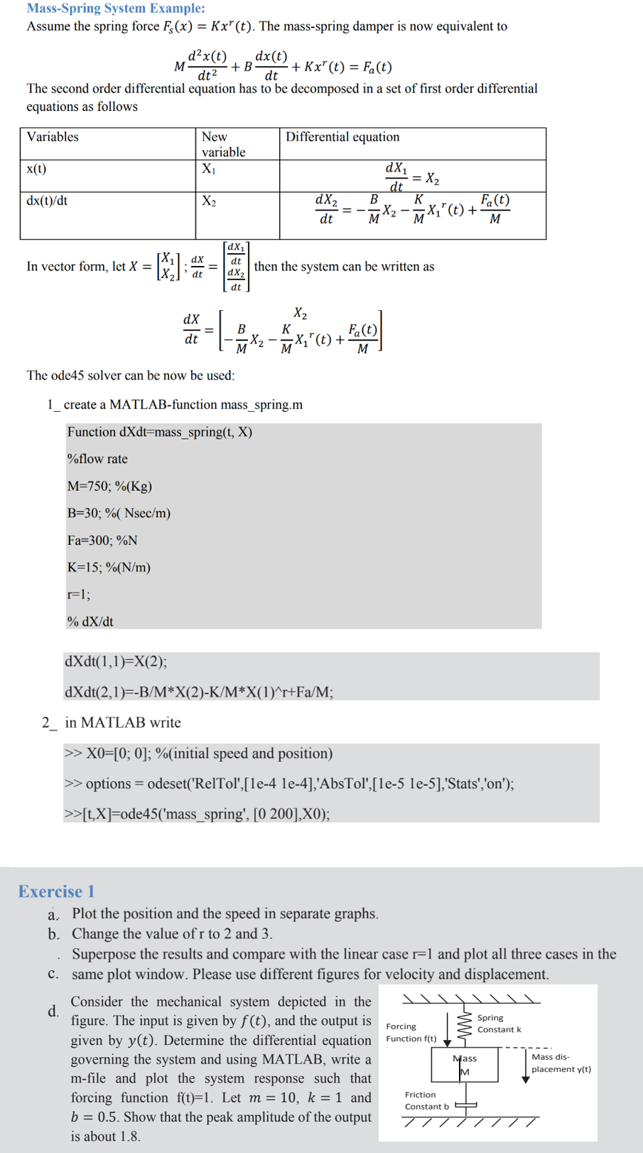 Solved Mass-Spring System Example: Assume the spring force | Chegg.com