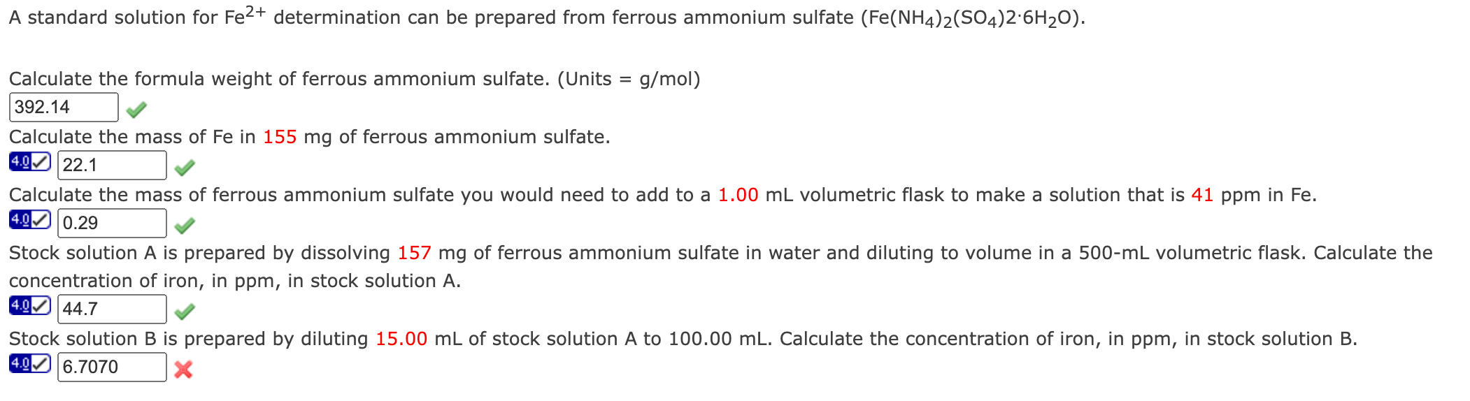 Solved A standard solution for Fe2+ determination can be | Chegg.com