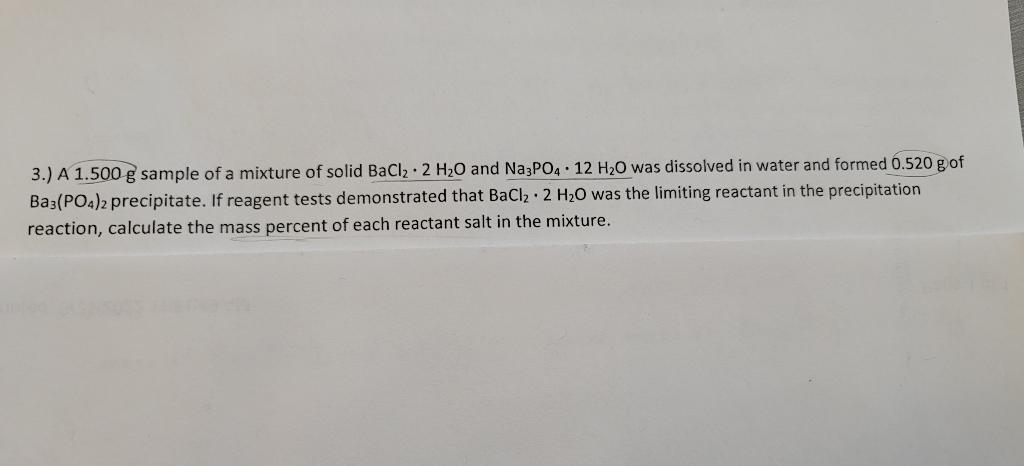 Solved A 1.500g sample of a mixture of solid BaCl2* 2 H20 | Chegg.com