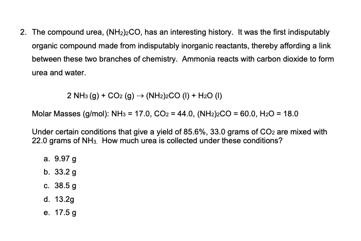 Solved 2. The compound urea, (NH2)2CO, has an interesting | Chegg.com