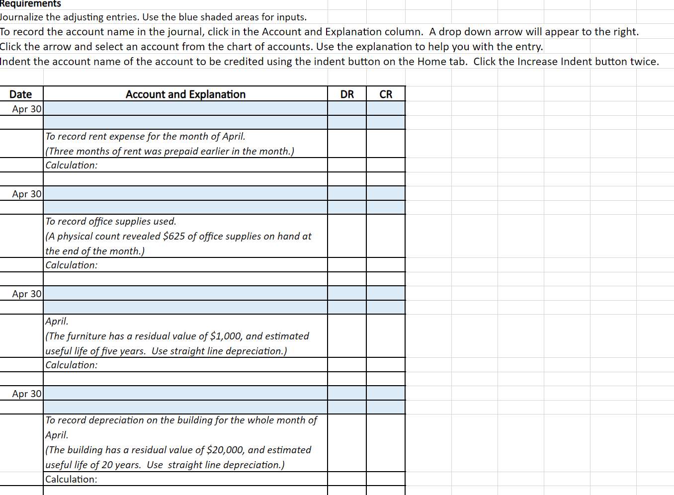 Using Excel to journalize and post adjusting entries, | Chegg.com