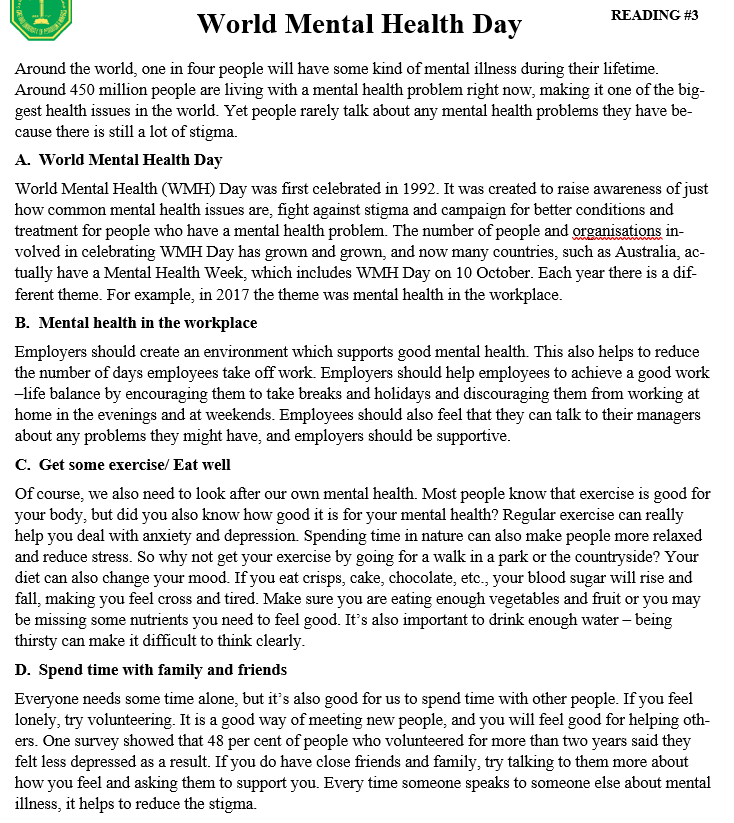 Solved World Mental Health Day READING #3 Around the world, | Chegg.com