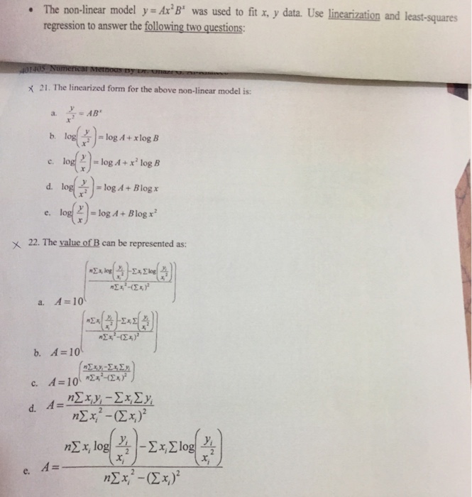 Solved The Non Linear Model Y Ax 2 B X Was Used To Fit X