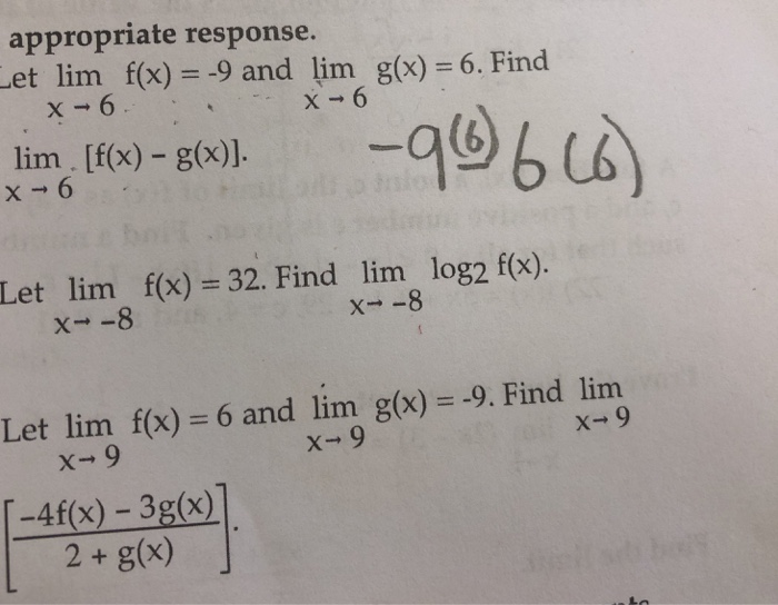 Solved appropriate response. et lim f(x)=-9 and lim g(x)=6. | Chegg.com