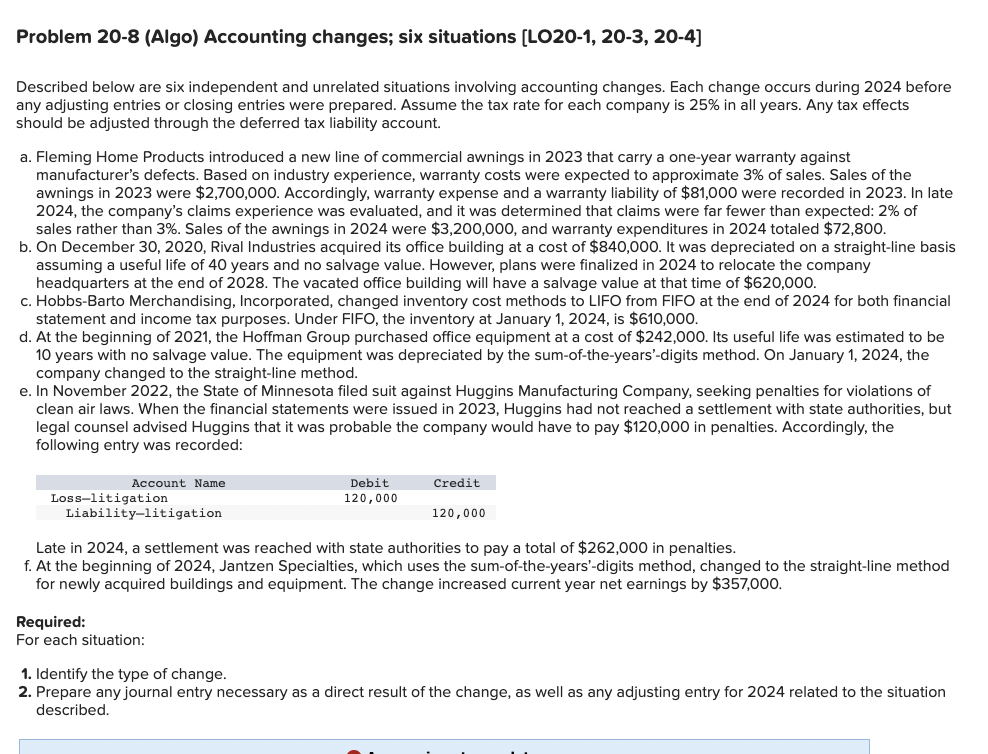 Solved Problem 20-8 (Algo) Accounting changes; six | Chegg.com