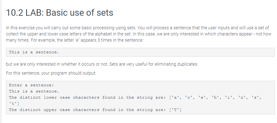 Solved 10.2 LAB: Basic use of sets In this exercise you will | Chegg.com