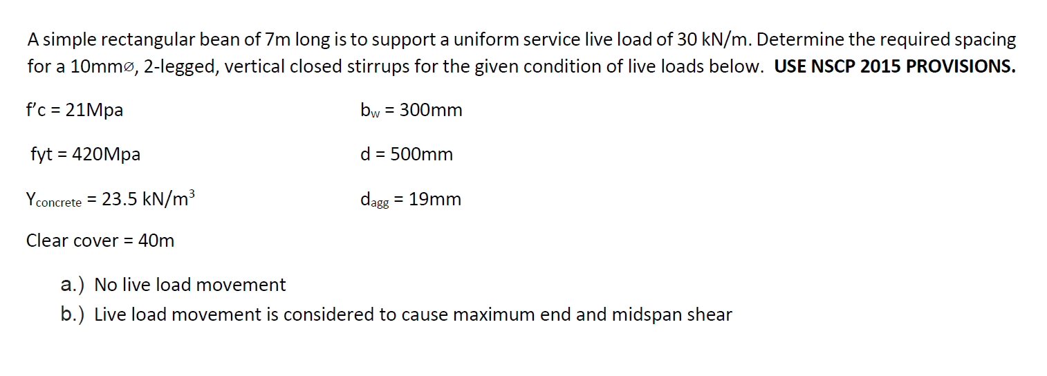 Solved A simple rectangular bean of 7 m long is to support a | Chegg.com