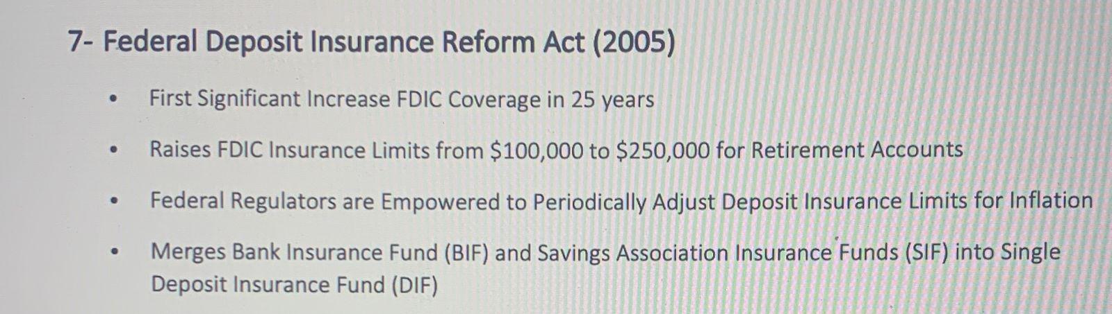 Solved 7- Federal Deposit Insurance Reform Act (2005) First | Chegg.com