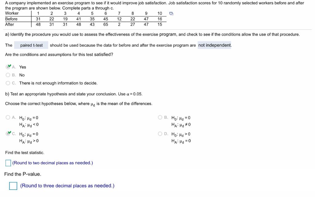 Solved A company implemented an exercise program to see if | Chegg.com