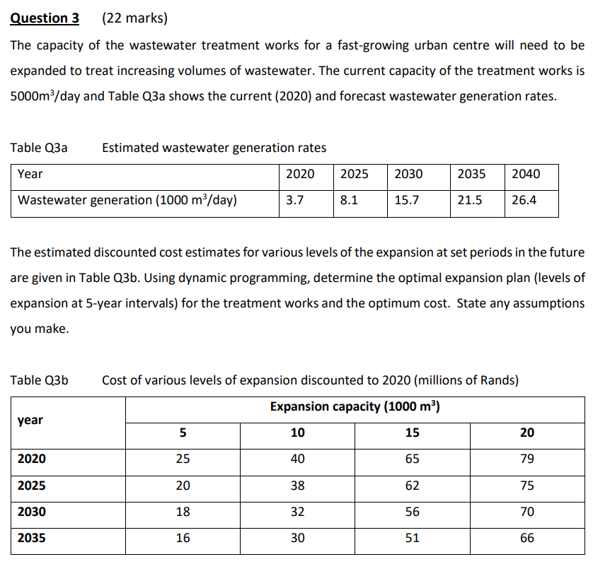 Question 3 (22 marks) The capacity of the wastewater | Chegg.com