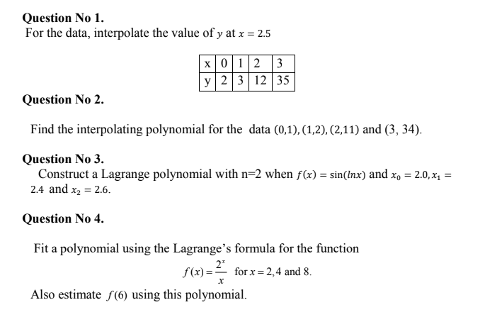 Solved Question No 1. For the data, interpolate the value of | Chegg.com