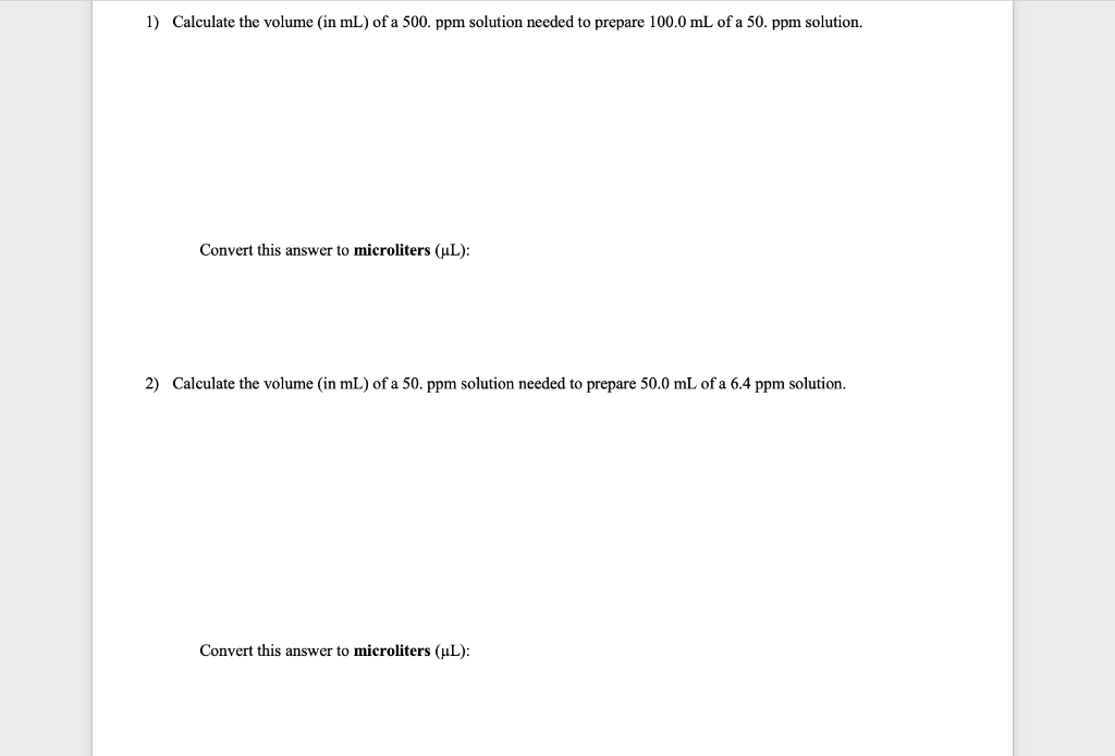 Solved 1) Calculate the volume (in mL ) of a 500.ppm | Chegg.com