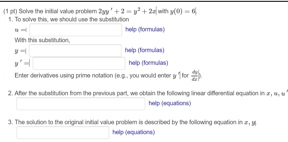Solved u= (1 pt) Solve the initial value problem 2yy' +2 = | Chegg.com