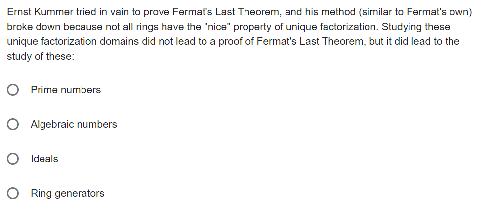 Solved Ernst Kummer tried in vain to prove Fermat's Last | Chegg.com