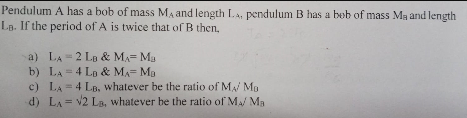 Solved Pendulum A has a bob of mass MA and length LA, | Chegg.com