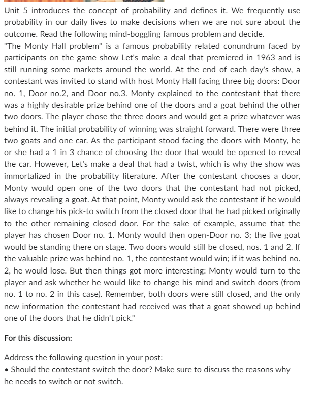 Solved Unit 5 introduces the concept of probability and | Chegg.com