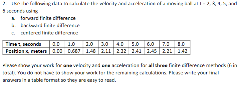 Solved 2. Use the following data to calculate the velocity | Chegg.com