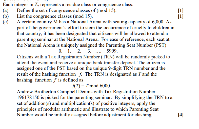 Solved h integer in Zn represents a residue class or | Chegg.com